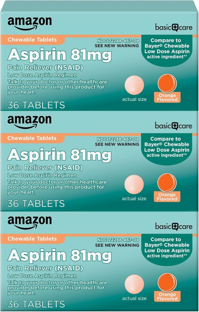 Amazon Basic Care Aspirin 81mg Chewable Tablets 36-Count 3-Pack (108 ...