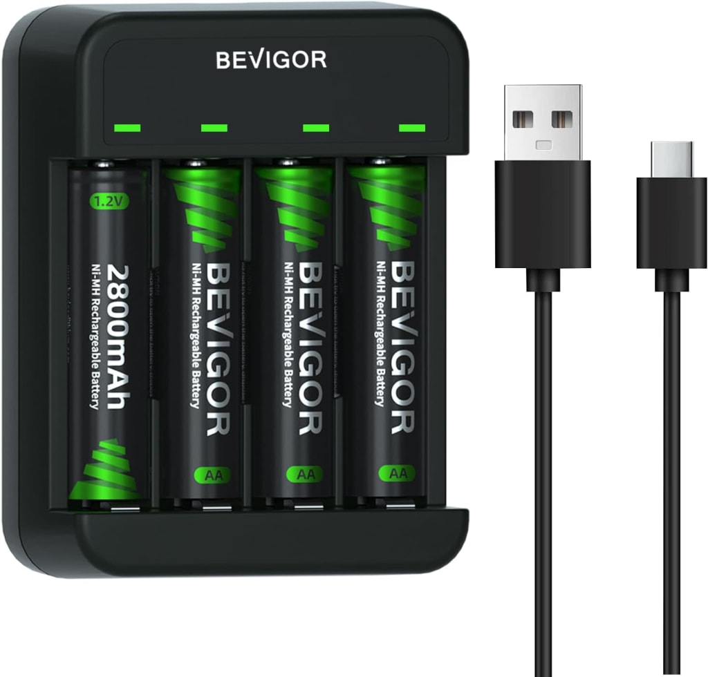 Bevigor 2,800mAh Rechargeable AA Batteries 4-Pack with Charger: $8.49