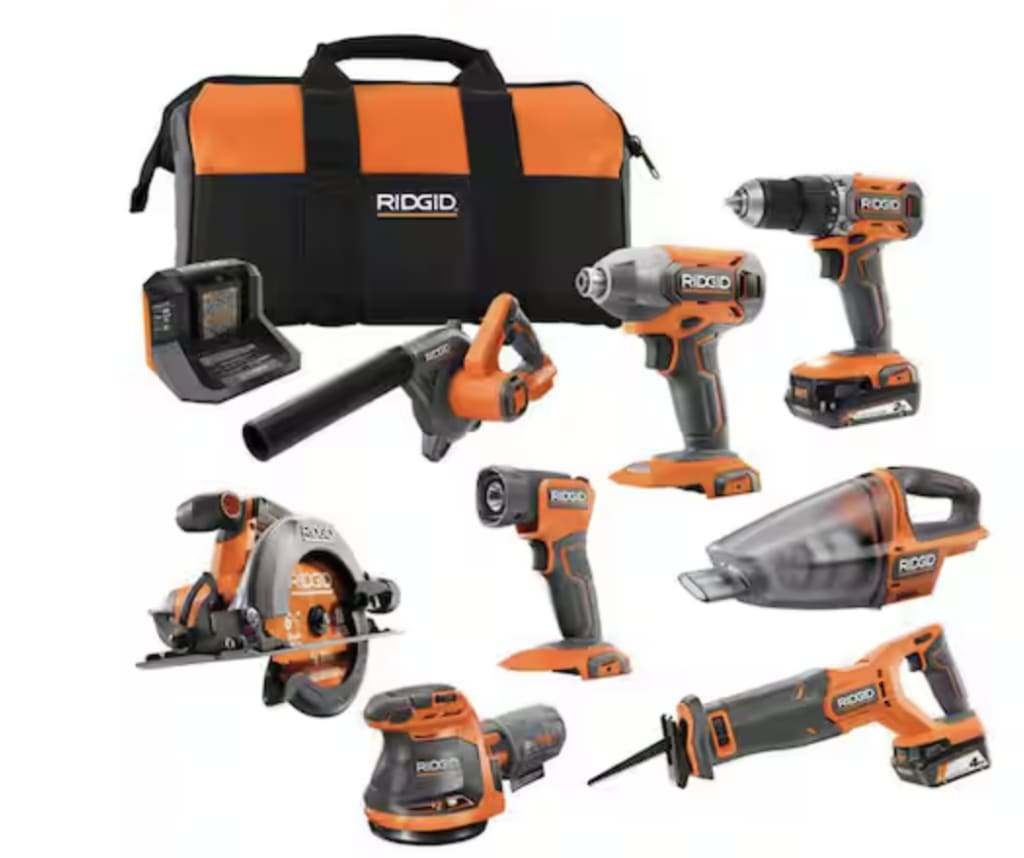 Ridgid 18V Cordless 8-Tool Combo Kit with 2.0 Ah Battery, 4.0 Ah ...
