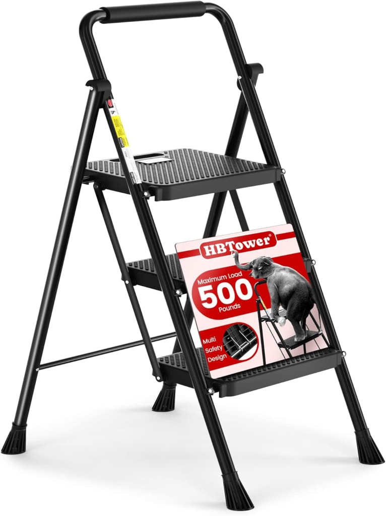 HBTower Folding 3-Step Step Ladder with Handrail: $49.99