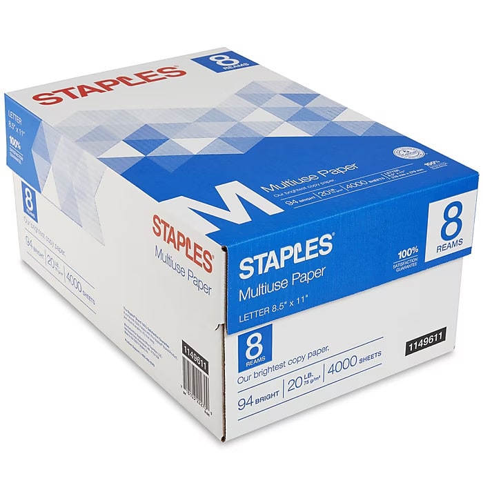 Staples 8.5" x 11" 8-Ream Multiuse Paper Case: $40 - 26860-CC