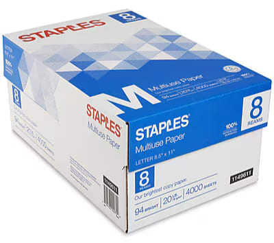 Staples 8.5" x 11" Multiuse Copy Paper 4,000-Sheet Carton: $40 - 26860-CC