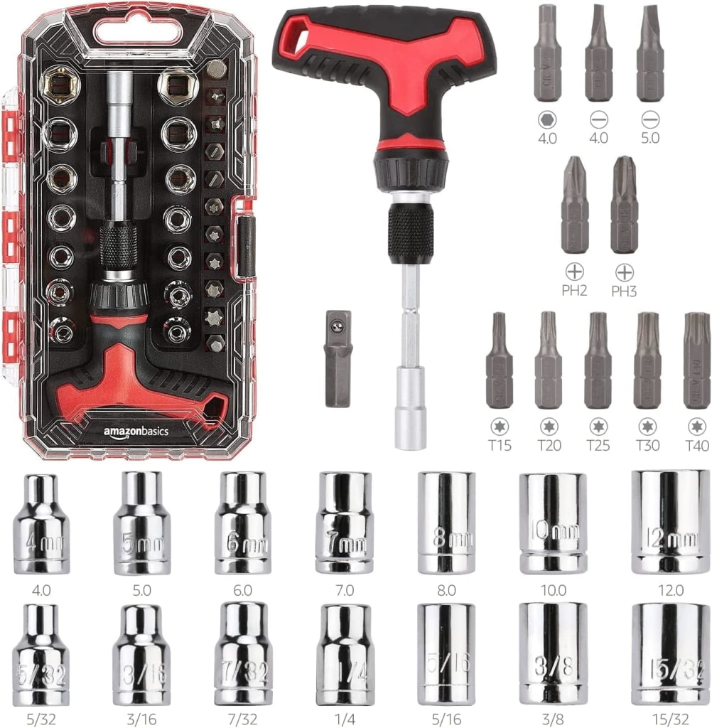 Amazon Basics 27-Piece Magnetic T-Handle Ratchet Wrench & Screwdriver ...