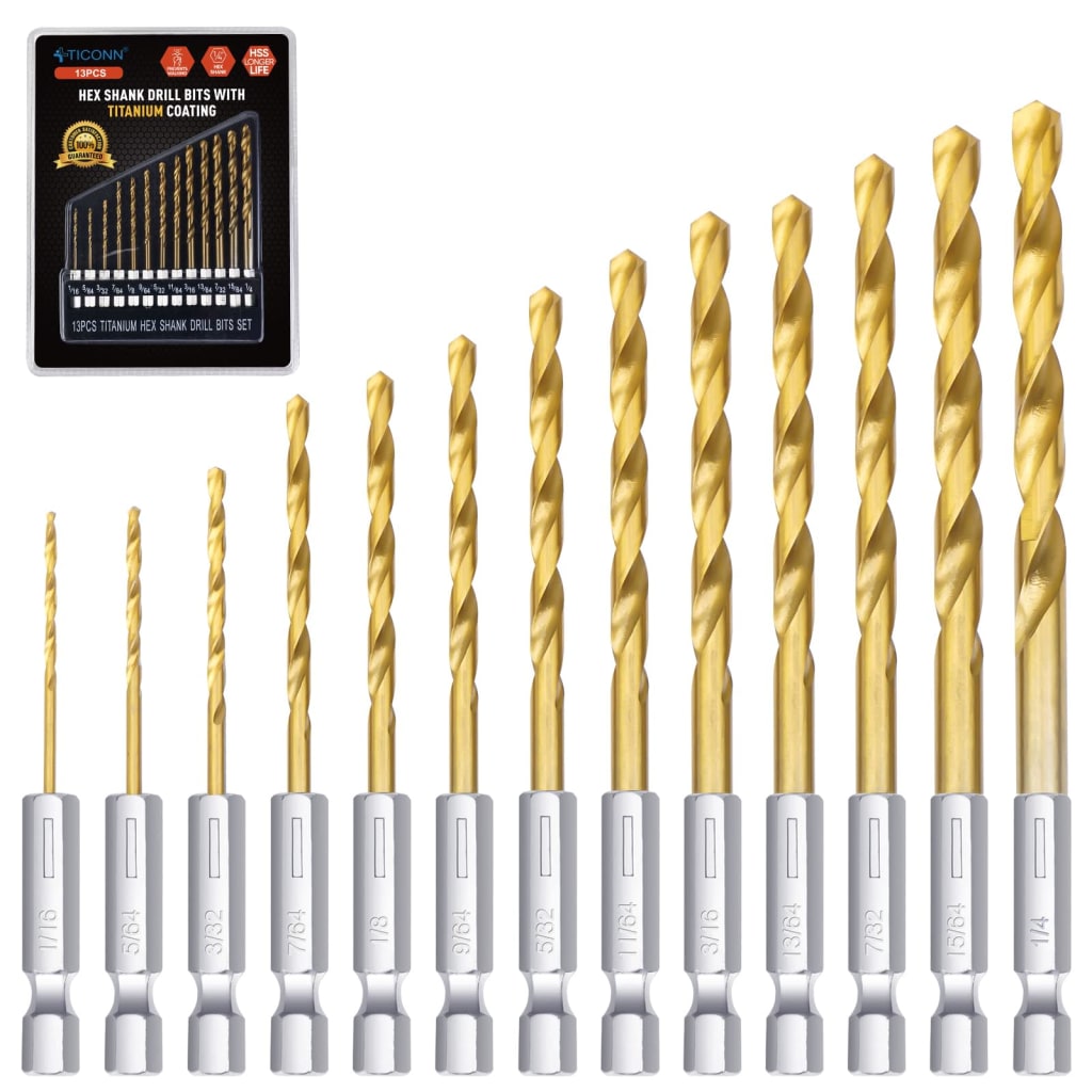Ticonn 13-Piece Hex Shank Titanium Coated Drill Bit Set for $6