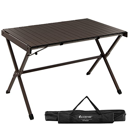 COSTWAY Portable Picnic Table, Roll-Up Aluminum Beach Table with Carry ...