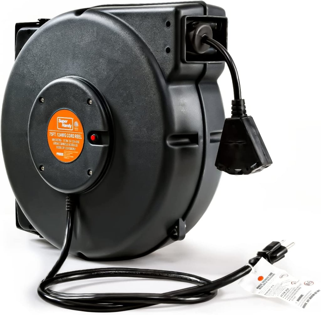 SuperHandy 75-Foot Commercial Extension Cord Reel w/ Triple Tap ...