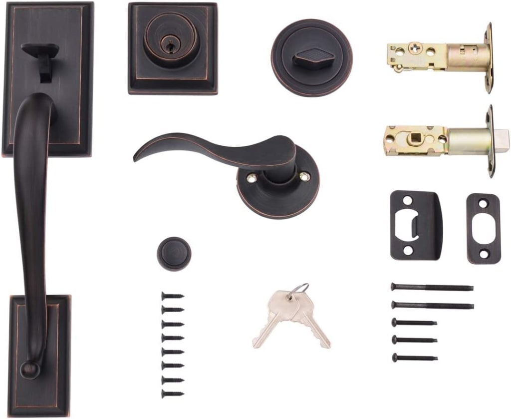 Amazon Basics Exterior Door Handle and Deadbolt Lock Set for $18 - AB-DH545-OR