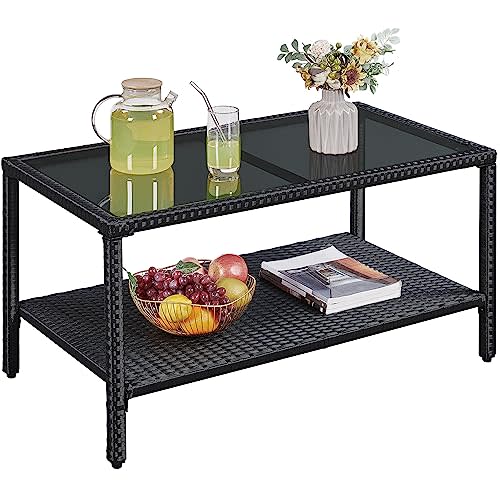 Yaheetech Outdoor Wicker Coffee Table Storage Table, All-Weather Rattan ...