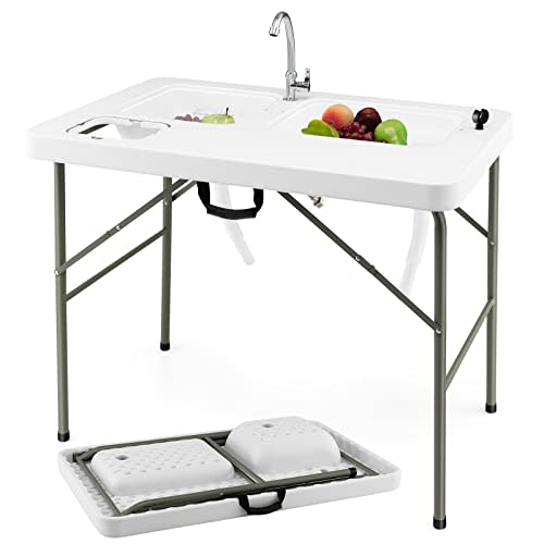 Goplus Folding Fish Cleaning Table with Dual Water Basins, Heavy Duty ...