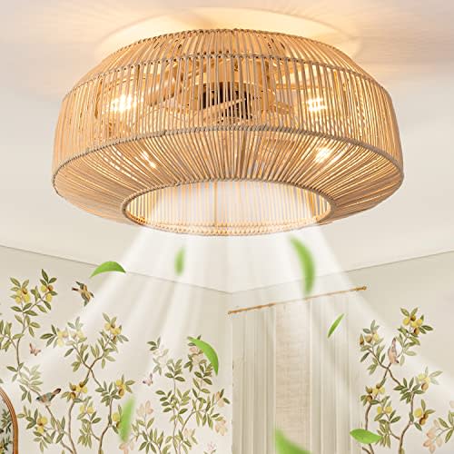 hummingbird 20" Boho Ceiling Fan with Light and Remote, Rattan Caged ...