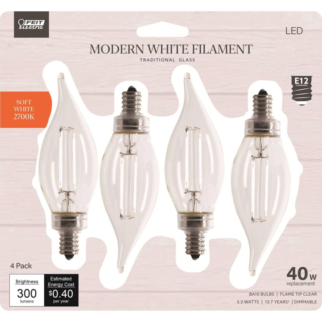 Feit Electric LED Flame Tip Candelabra Bulb 4-Pack for $9 - BPCFC40927CAWF4