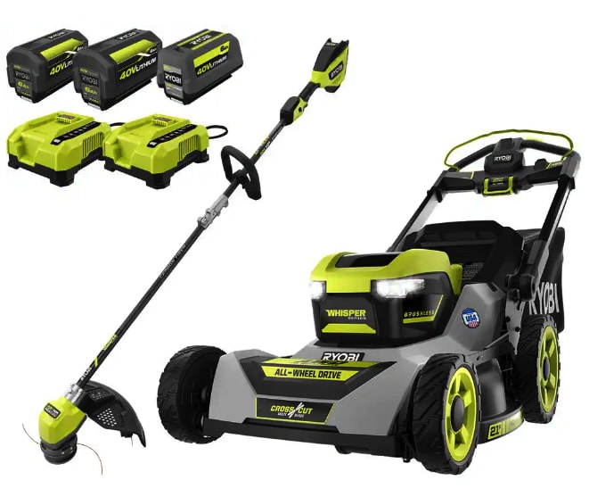 Ryobi 40-Volt Brushless Whisper 21" All Wheel Drive Mower Combo for ...