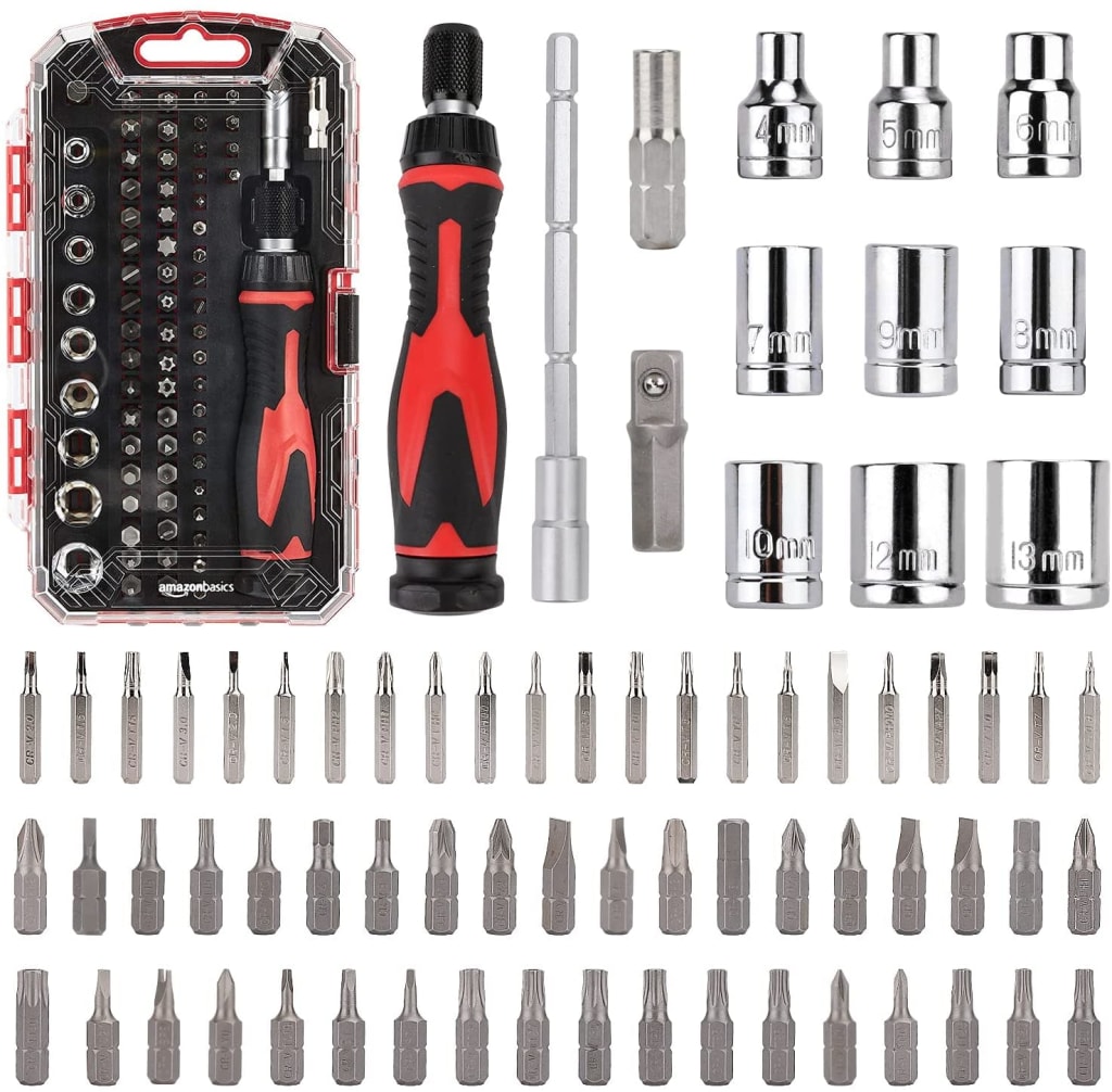 Amazon Basics 73-Piece Magnetic Ratchet Wrench & Screwdriver Set for ...