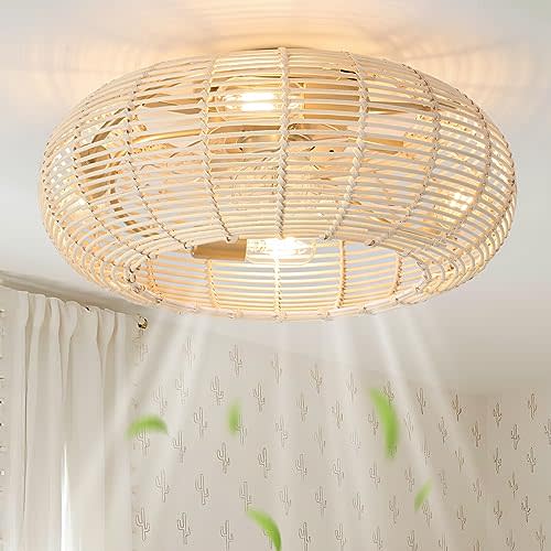 hummingbird 20Inch Flush Mount Boho Ceiling Fans with Lights, Rattan ...