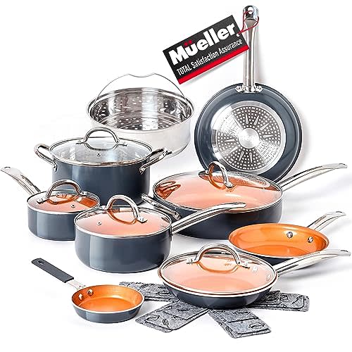 Mueller UltraClad Copper Pots and Pans Set, 14-Piece Kitchen Cookware ...