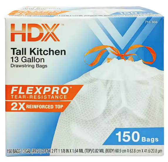 HDX FlexPro 150-Count 13-Gallon Reinforced Top Drawstring Kitchen Trash ...