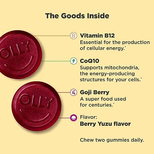 OLLY Extra Strength Daily Energy Gummy, Caffeine Free, 1000mcg Vitamin B12, CoQ10, Goji Berry ...