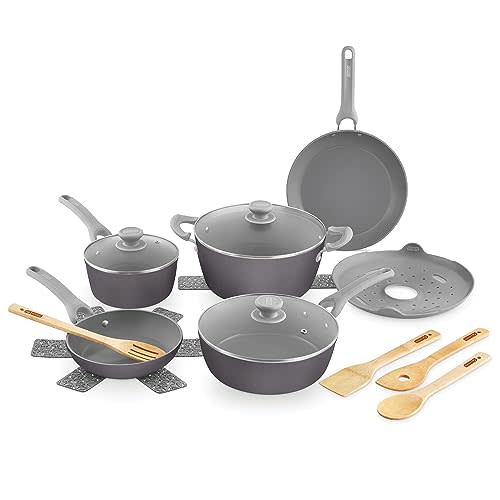 DASH Dream Green Nonstick Ceramic Cookware Set, 15 Piece, Slate Grey ...